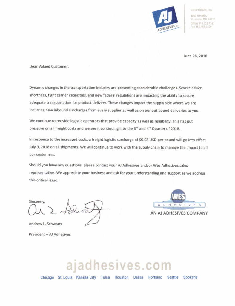Addressing Industry Freight Surcharge Changes | AJ Adhesives